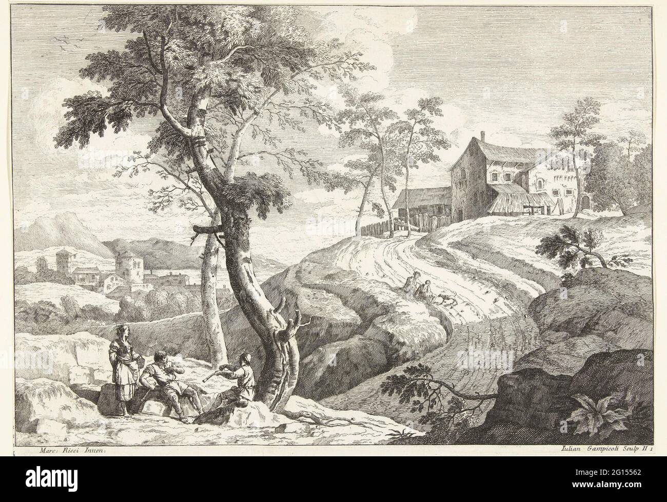 Landscape with flute players at tree; Italian landscapes Stock Photo ...