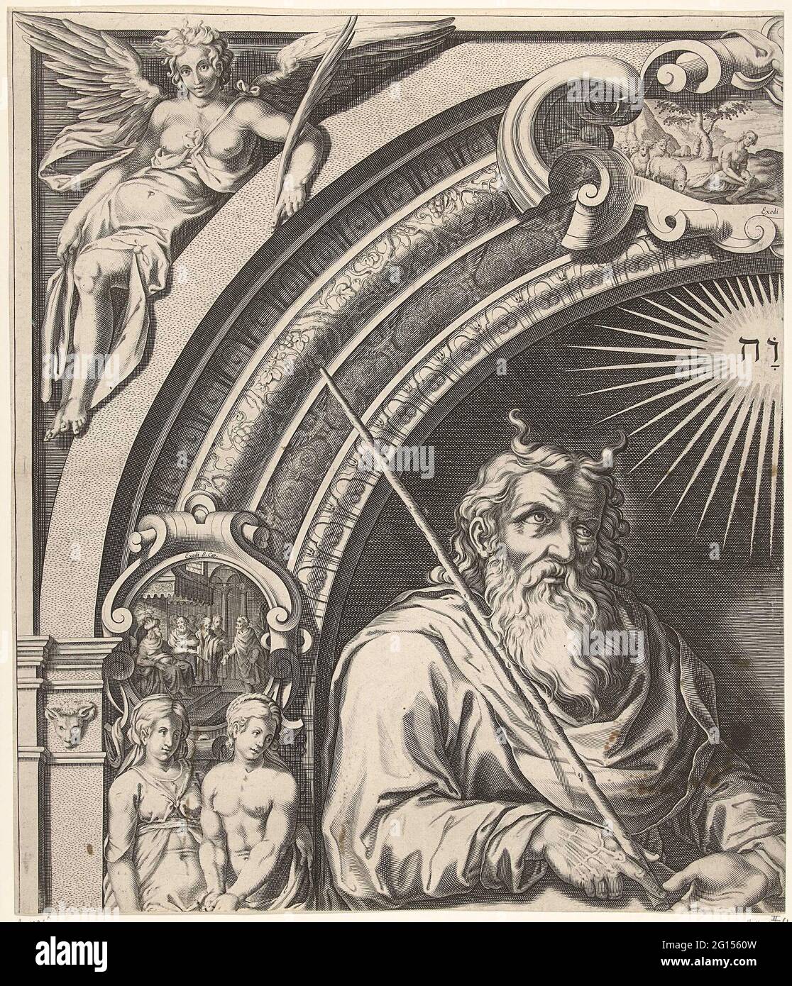 Moses and Aaron with the tables of the law (top left). Moses has a rod ...