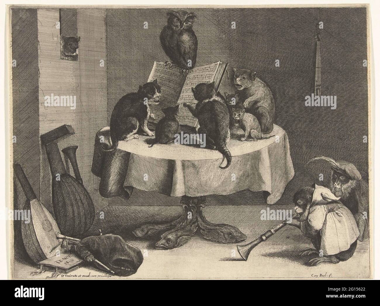 Cat concert. A group of cats is sitting on a round table and sings from ...