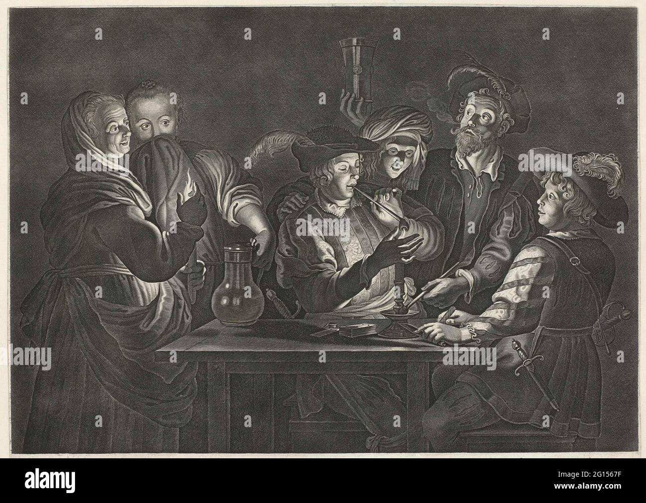 Smoking and drinking men in an inn. Four smoking and drinking men from ...