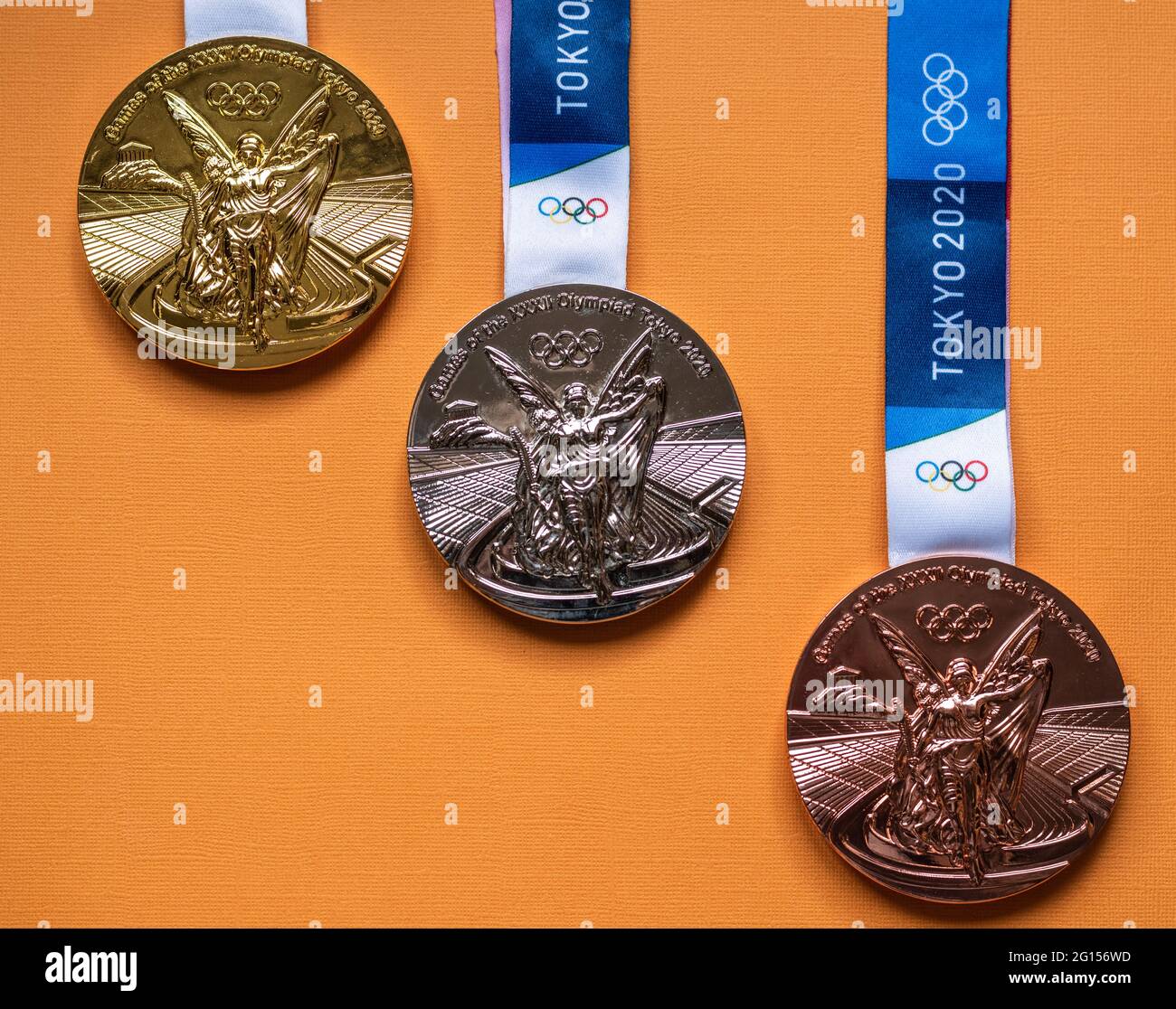 April 25, 2021 Tokyo, Japan. Gold, silver and bronze medals of the ...
