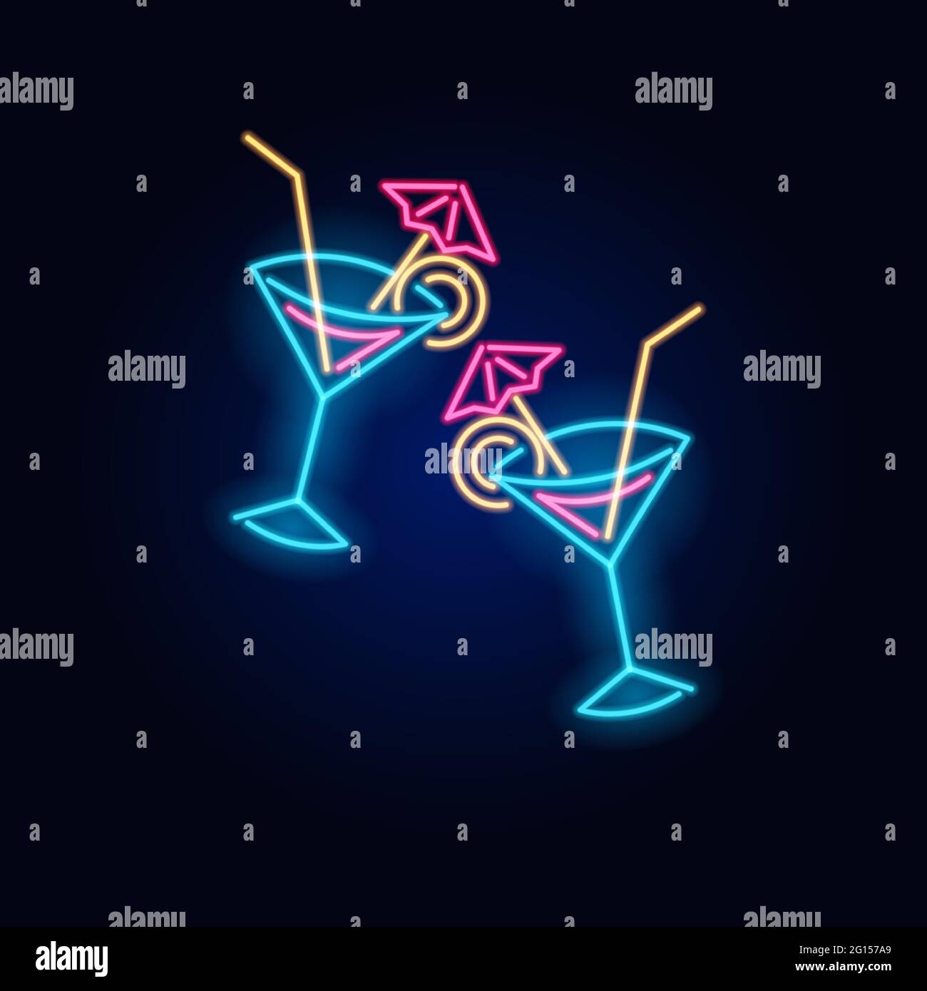 Cheers toast. Neon cocktail. Fashion sign. Night light signboard ...