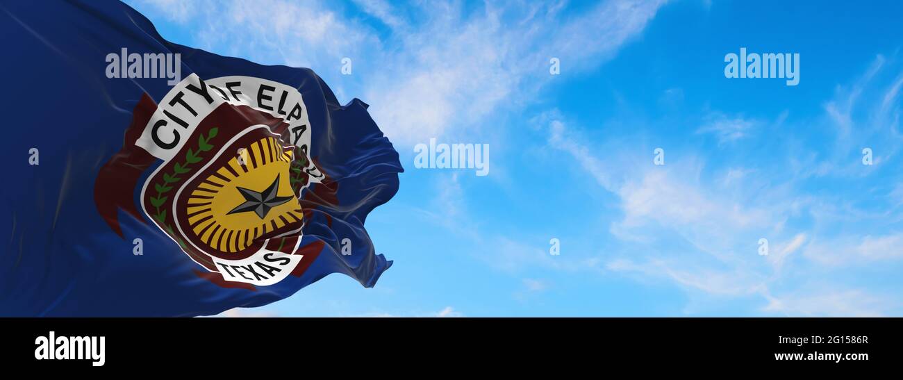flag of El Paso, Texas at cloudy sky background on sunset, panoramic ...