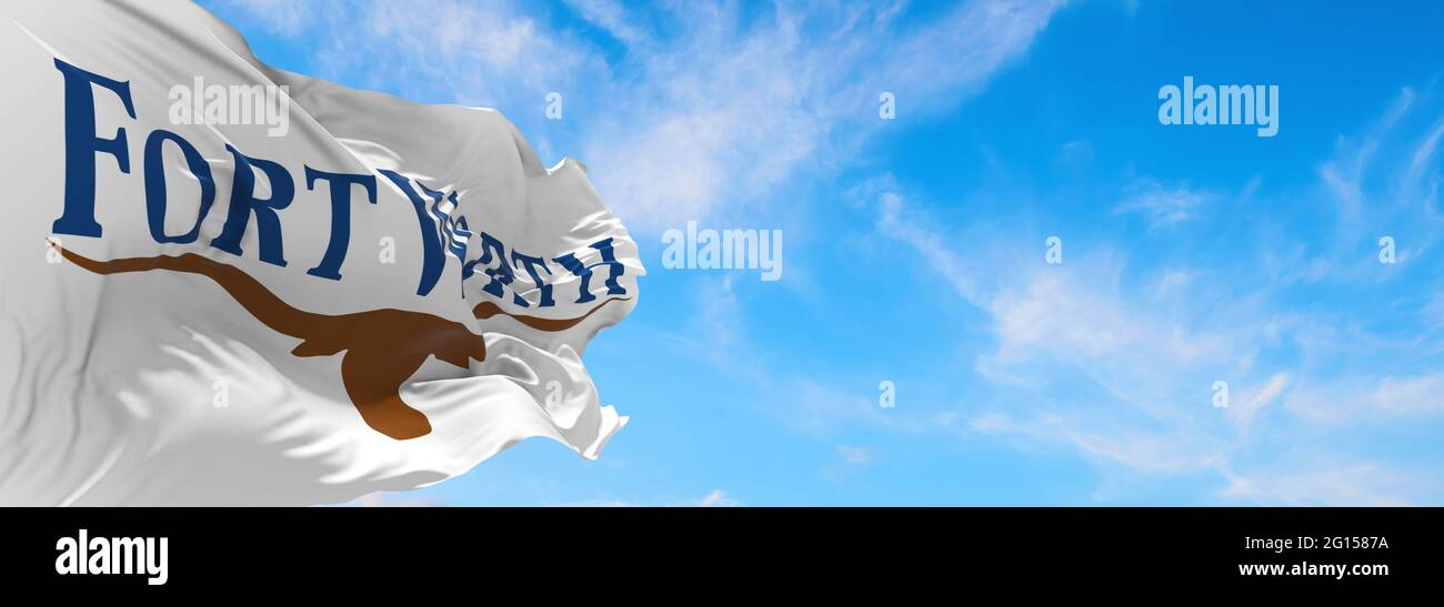 flag of Fort Worth at cloudy sky background on sunset, panoramic view ...