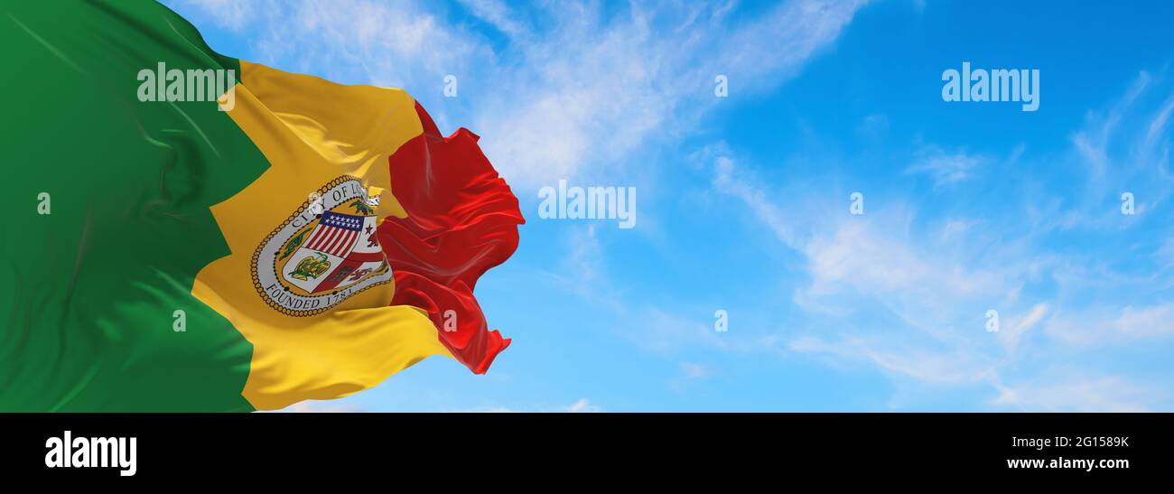 flag of Los Angeles, California at cloudy sky background on sunset ...