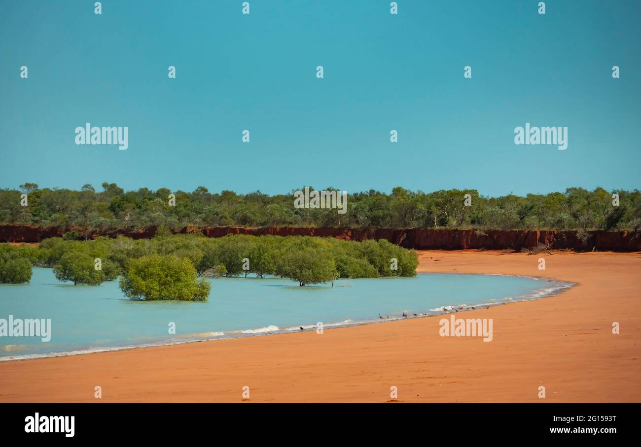 Red sand blue water and green mangroves at Roebuck Bay near Broome ...
