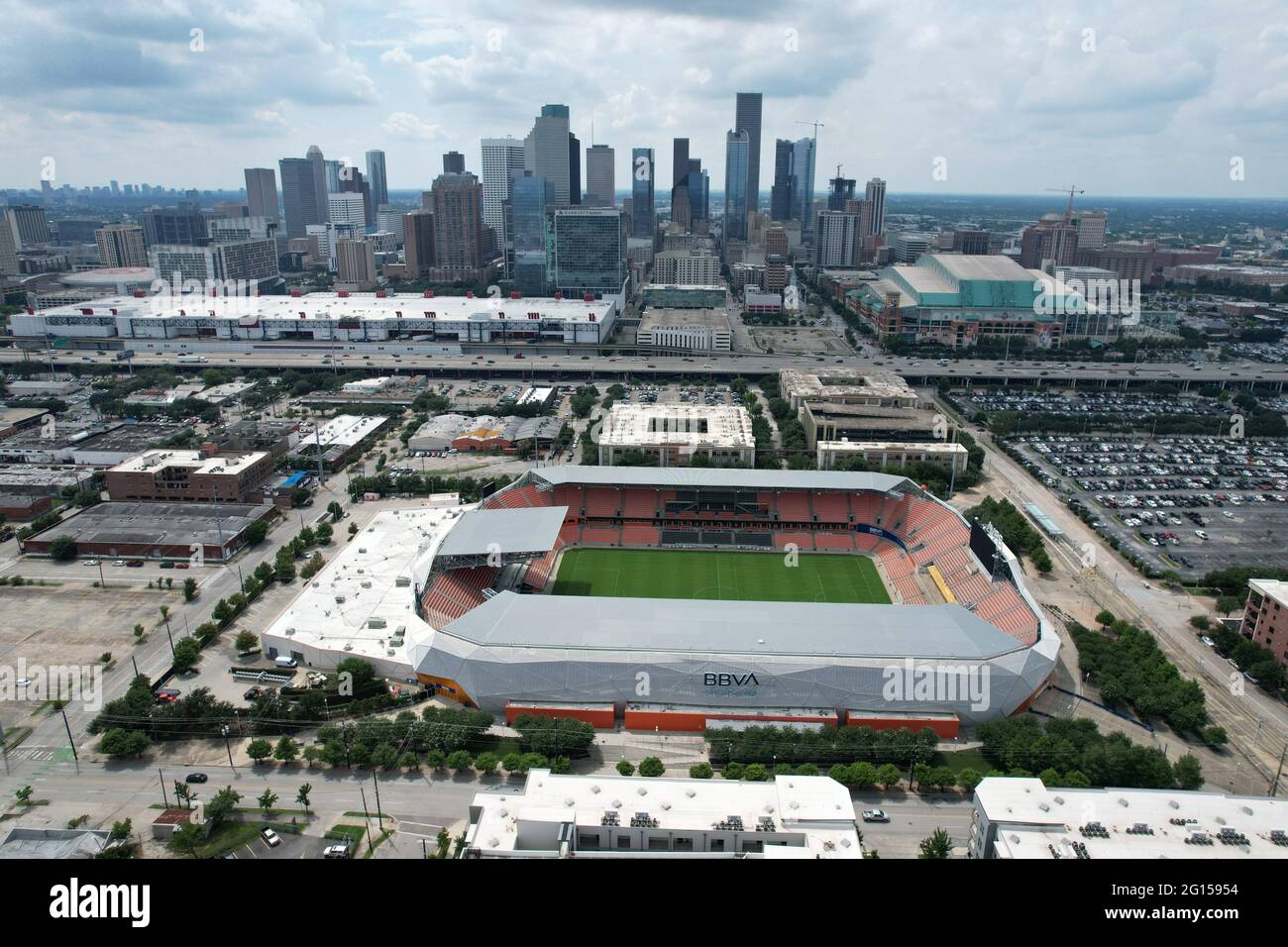 An aerial view of BBVA Stadium and downtown skyline, Sunday, May 30 ...