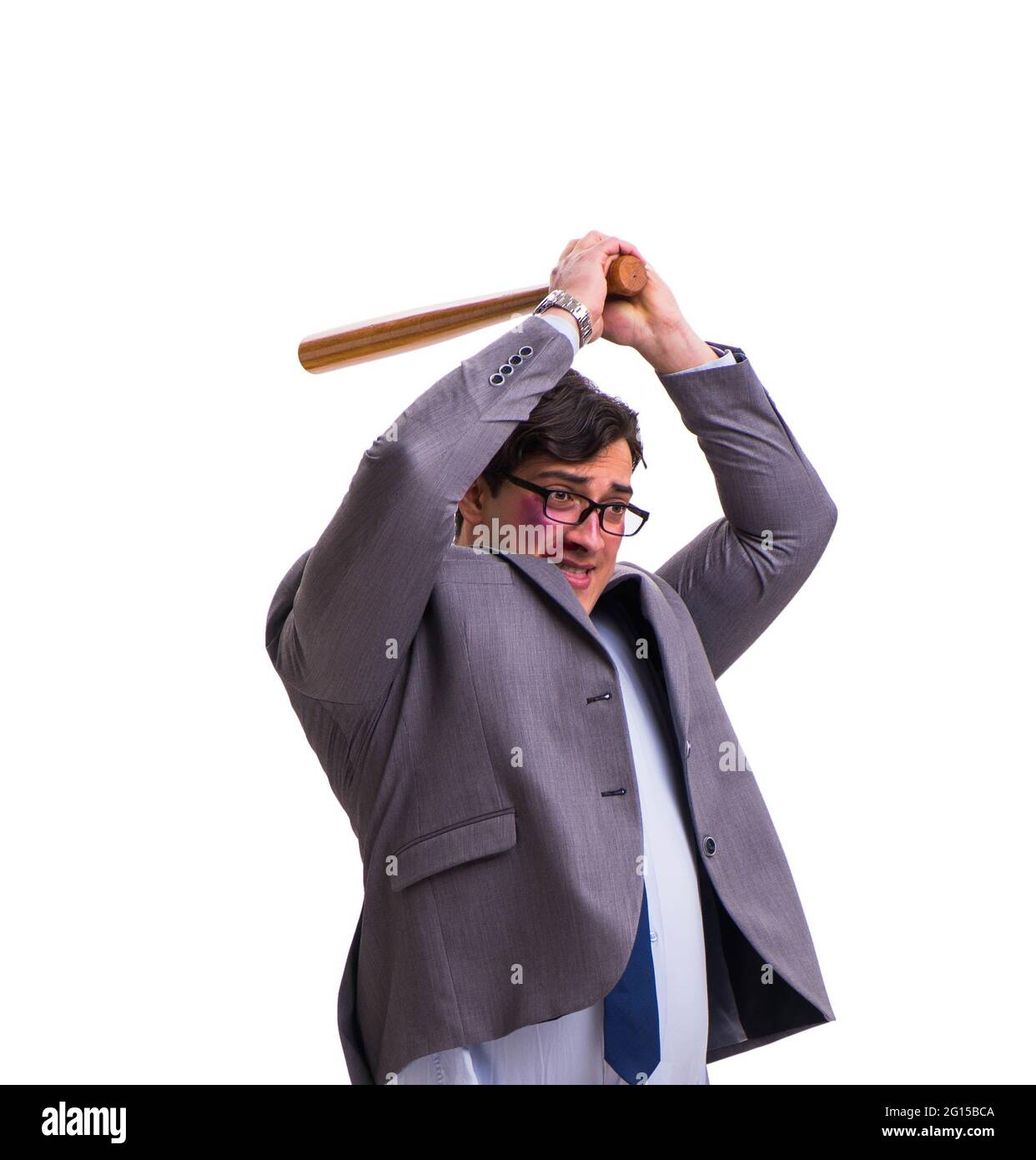 The businessman with baseball bat isolated on white Stock Photo - Alamy