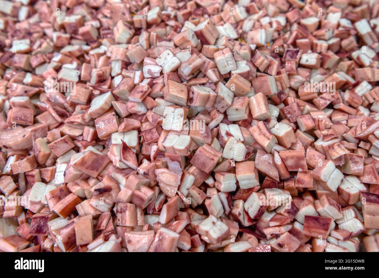 Pieces of sea cuttlefish squid cut into cubes. Ready-made ingredients ...