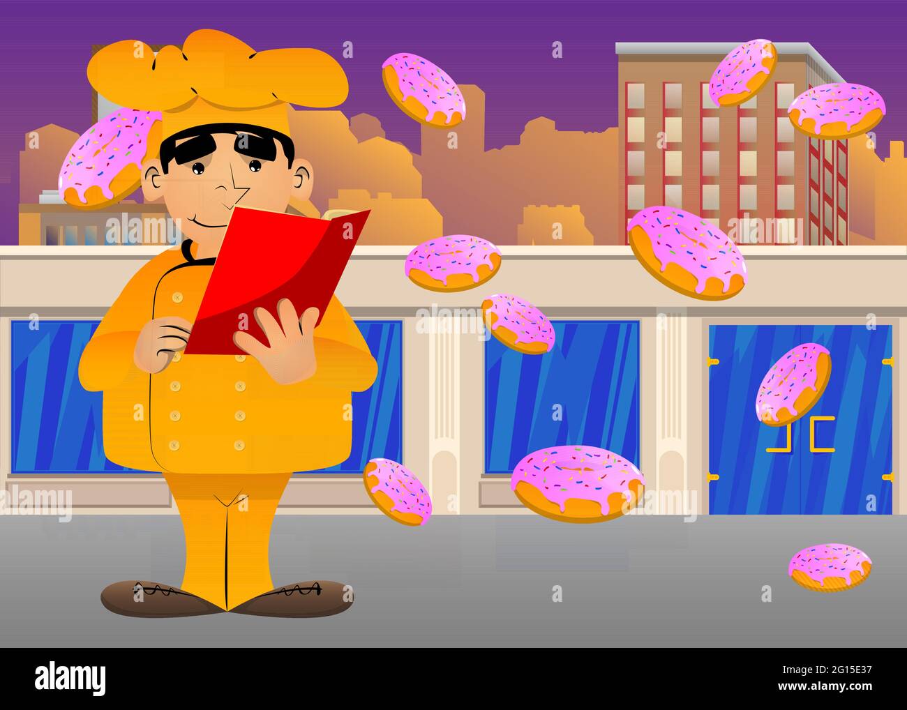 Fat male cartoon chef in uniform reading a red book. Vector ...
