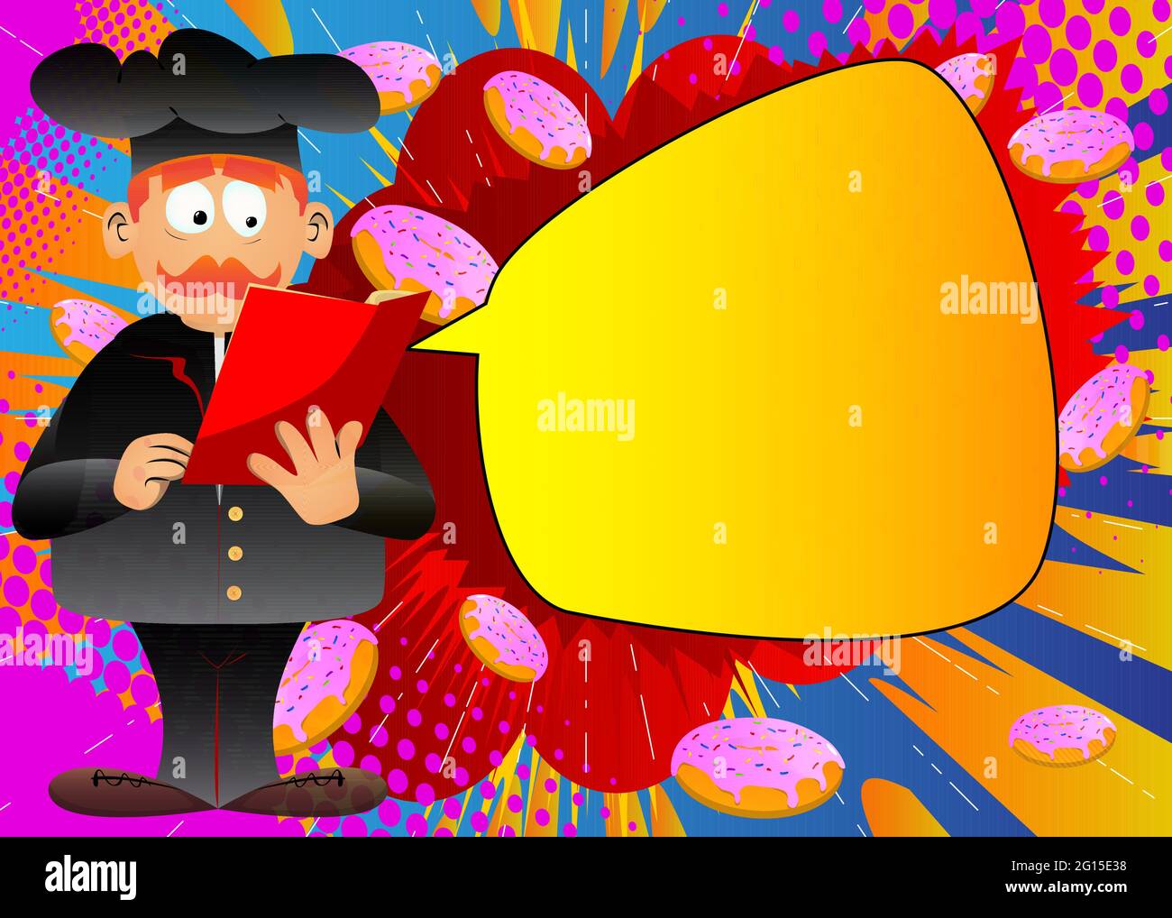 Fat male cartoon chef in uniform reading a red book. Vector ...