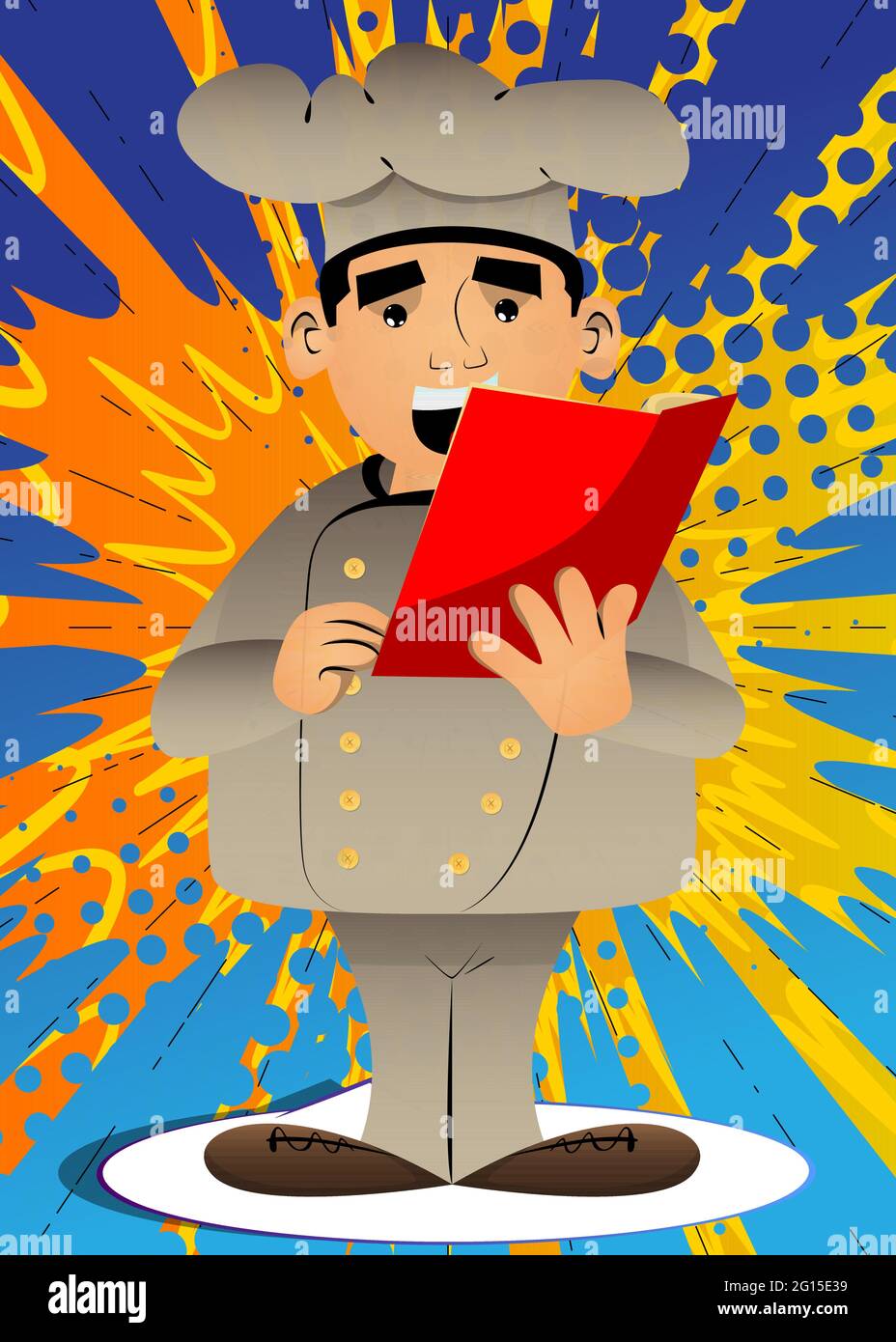 Fat male cartoon chef in uniform reading a red book. Vector ...