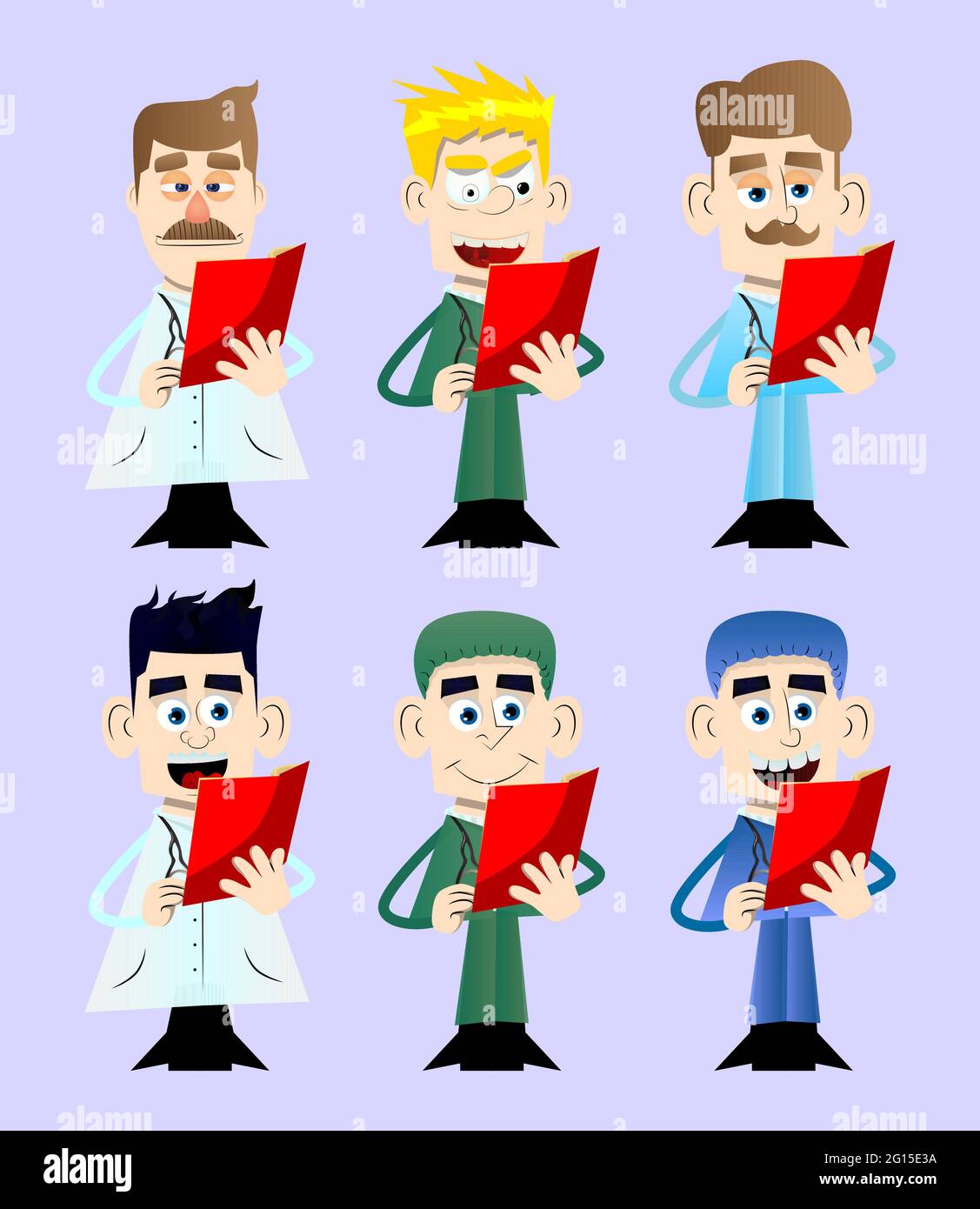 Funny cartoon doctor reading a red book. Vector illustration. Health ...