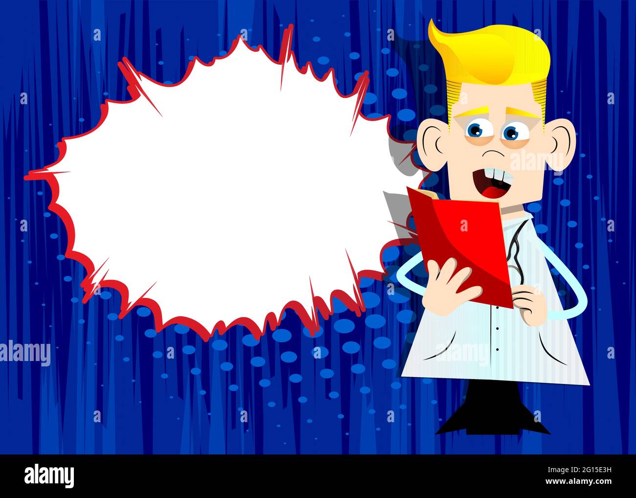 Funny cartoon doctor reading a red book. Vector illustration. Health ...