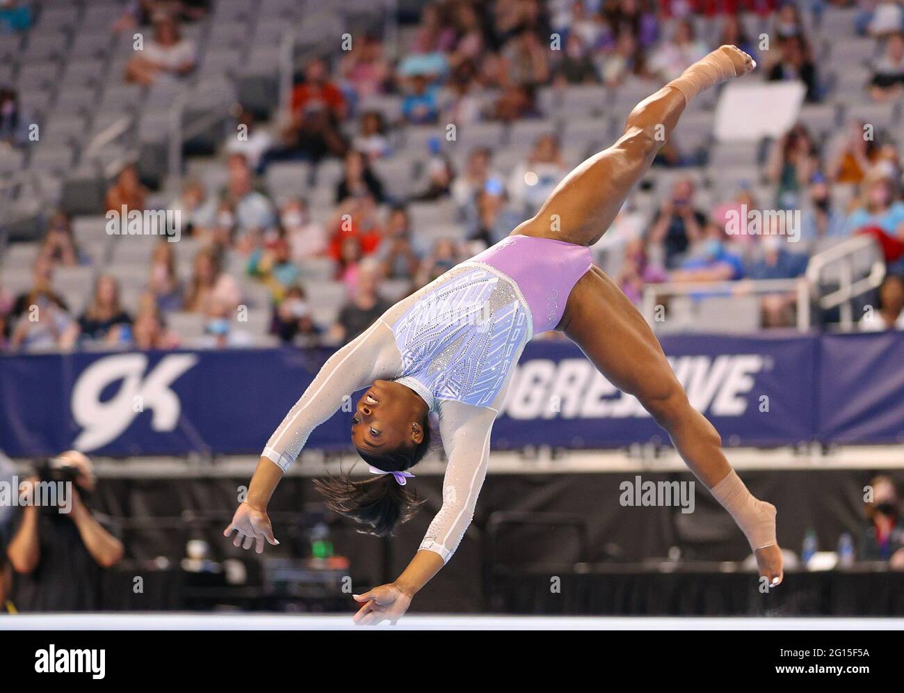 Texas, USA. 04th June, 2021. June 4, 2021: Simone Biles performs a tumbling pass during her ...