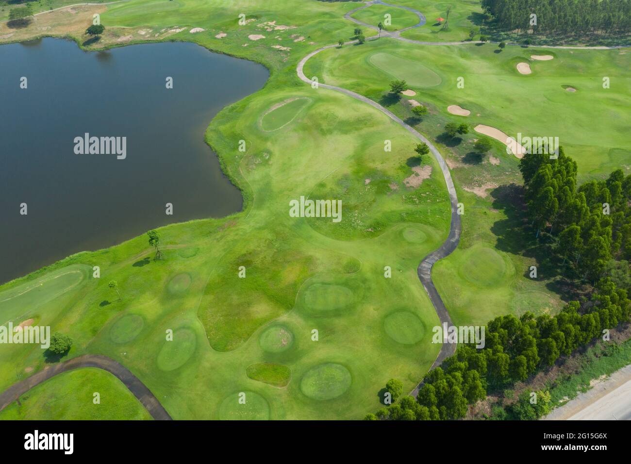 aerial view from flying drone of golf course Stock Photo - Alamy