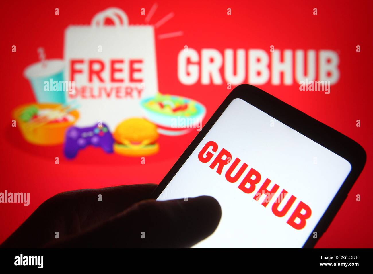 In this photo illustration, Grubhub logo of a US online and mobile ...