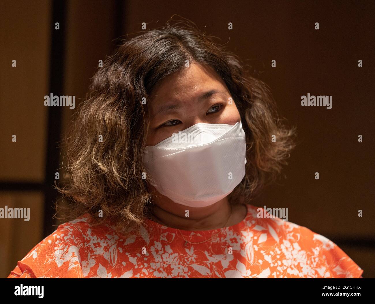 New York, NY - June 4, 2021: Representative Grace Meng seen on podium ...