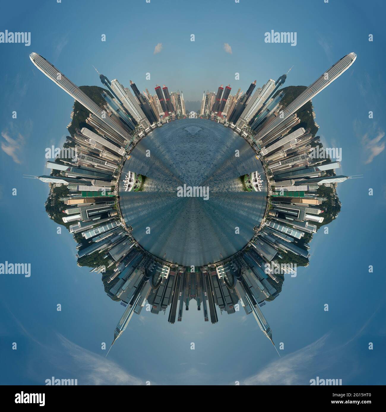 Tiny planet effect of the iconic Hong Kong Island skyline under clear ...
