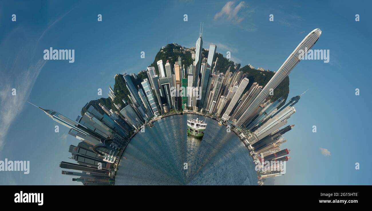 Tiny planet effect of the iconic Hong Kong Island skyline under clear ...