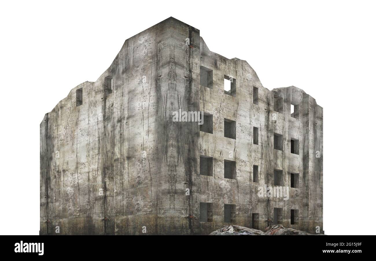 3D illustration ruined city building isolated on white Stock Photo - Alamy