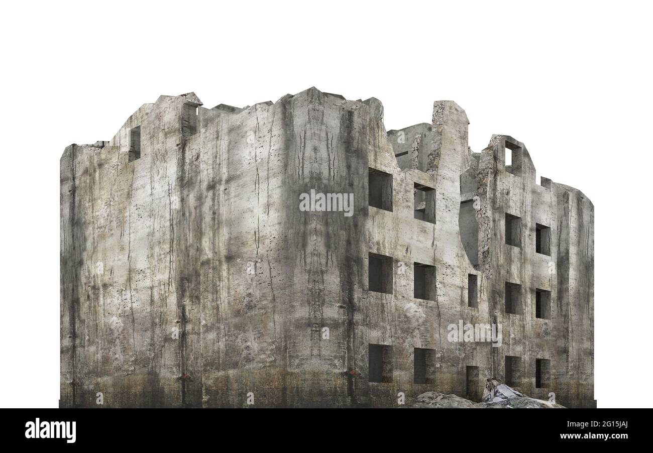 3D illustration ruined city building isolated on white Stock Photo - Alamy