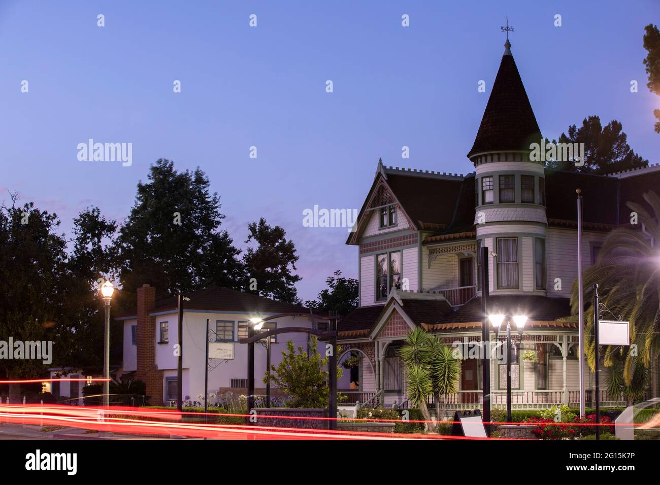 Sunset view of the late 19th century historic Victorian residential ...