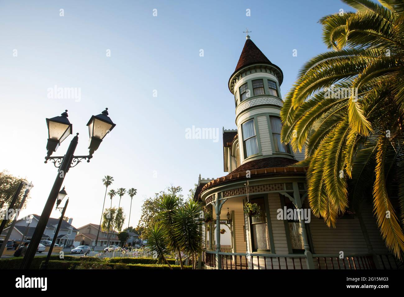 Sunset view of the late 19th century historic Victorian residential ...