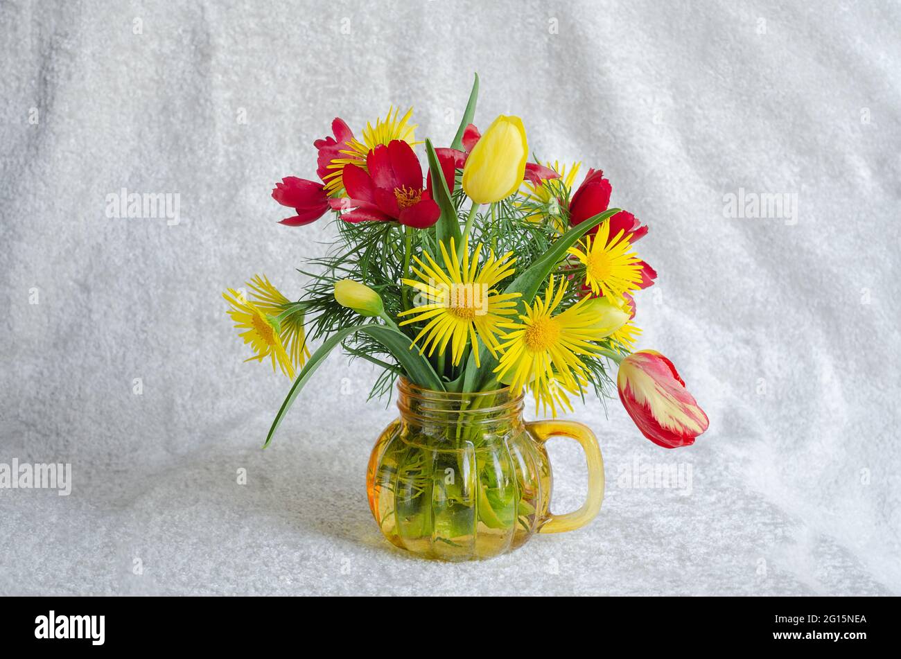Light velvet background with a bouquet of spring flowers Stock Photo ...