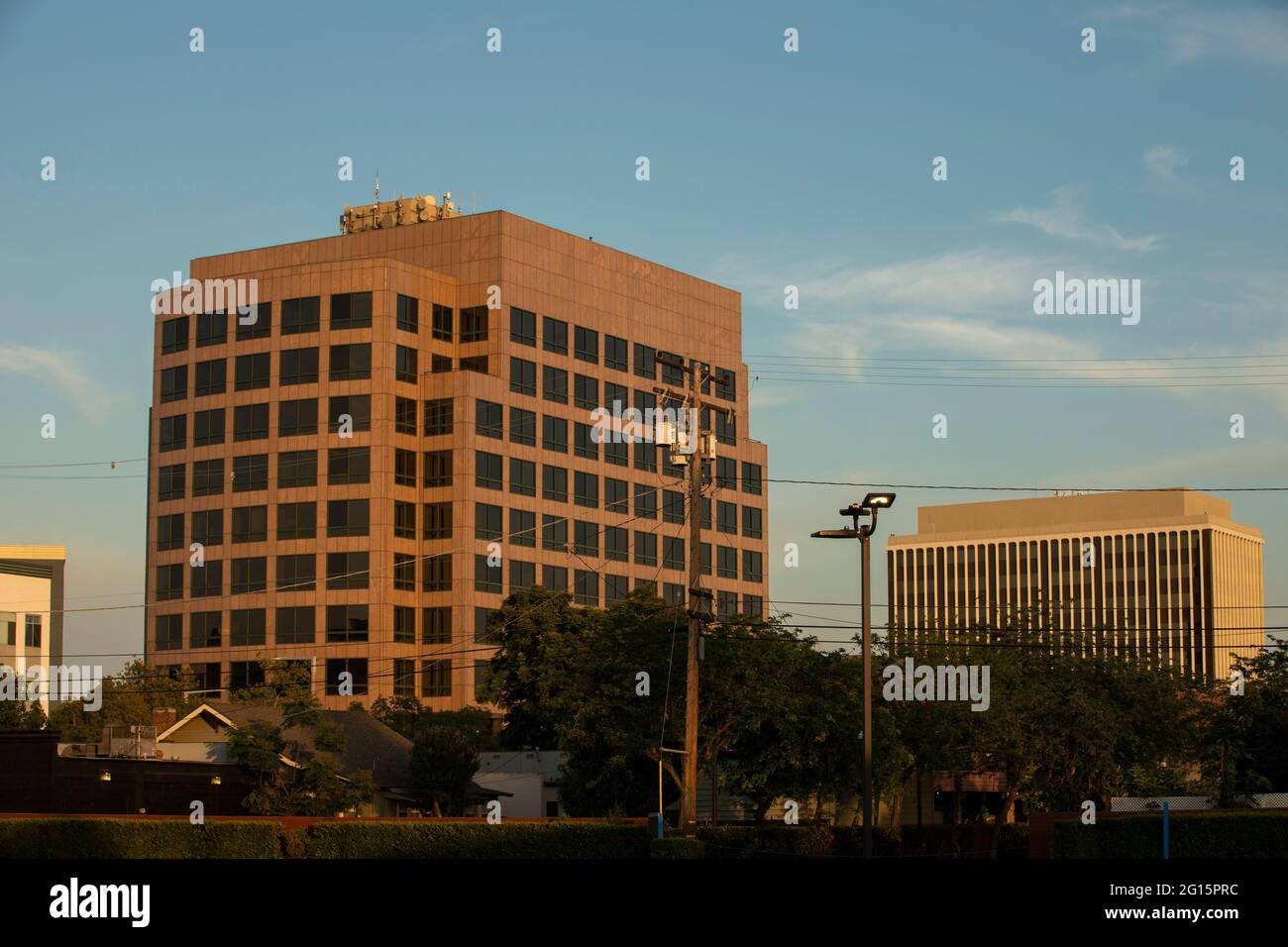 Sunset view of the downtown skyline of Anaheim, California, USA Stock ...