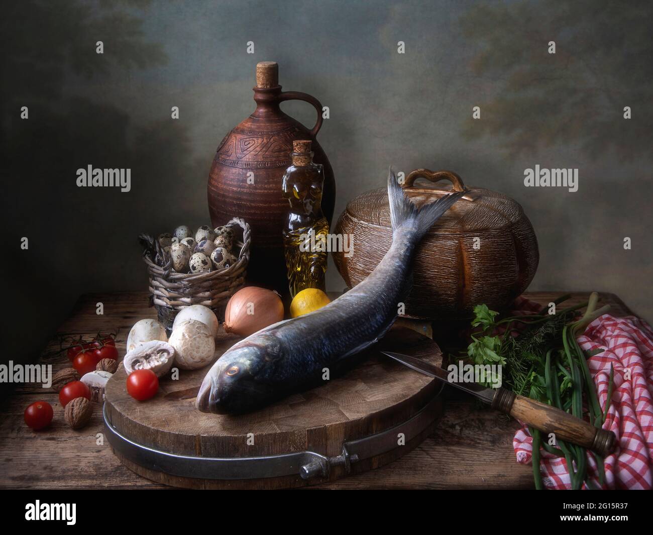 Still life with fish on a kitchen table Stock Photo - Alamy
