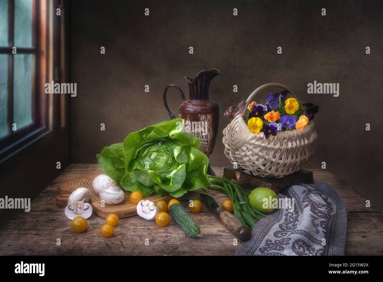 Kitchen table still life with basket hi-res stock photography and ...