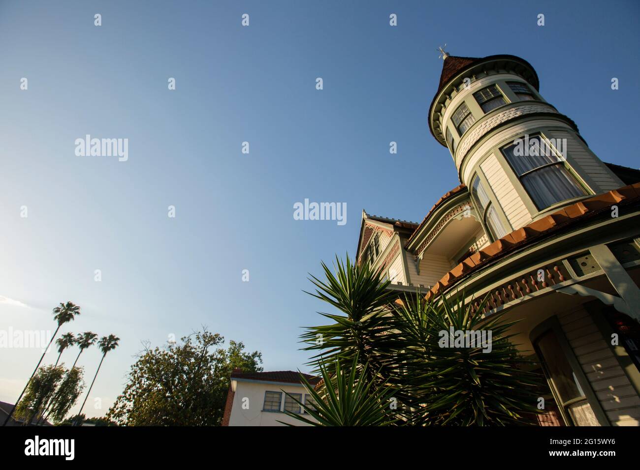 Sunset view of the late 19th century historic Victorian residential ...