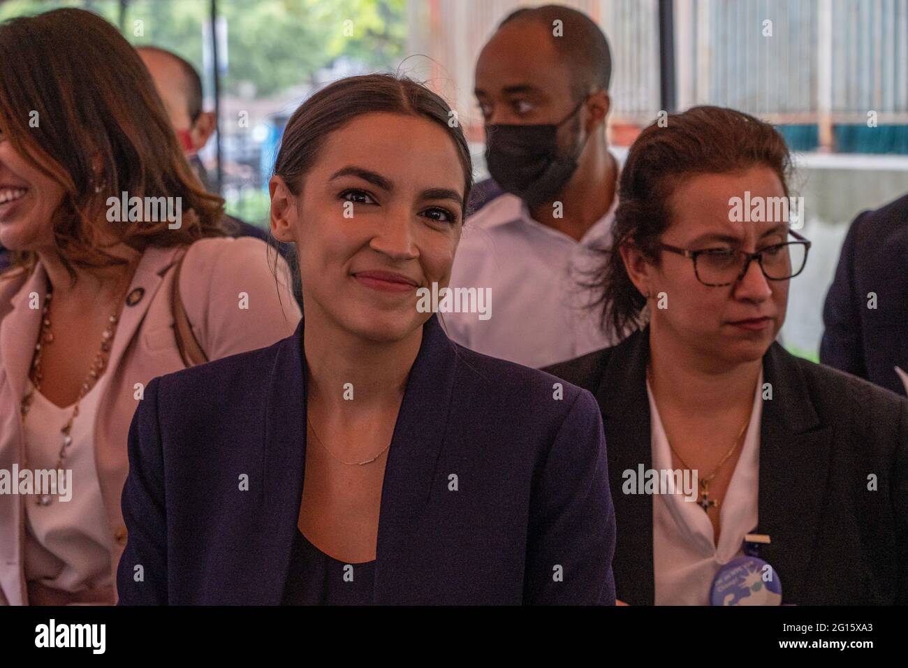 U.S. Representative Alexandria Ocasio-Cortez arrives at a press ...