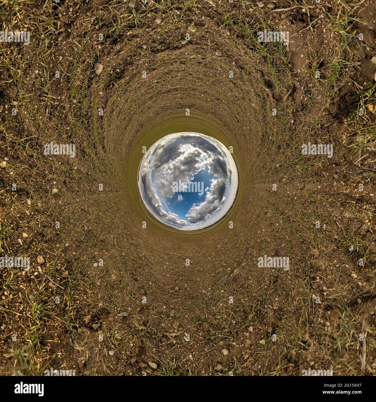 blue sky ball in middle of swirling field. Inversion of tiny planet ...