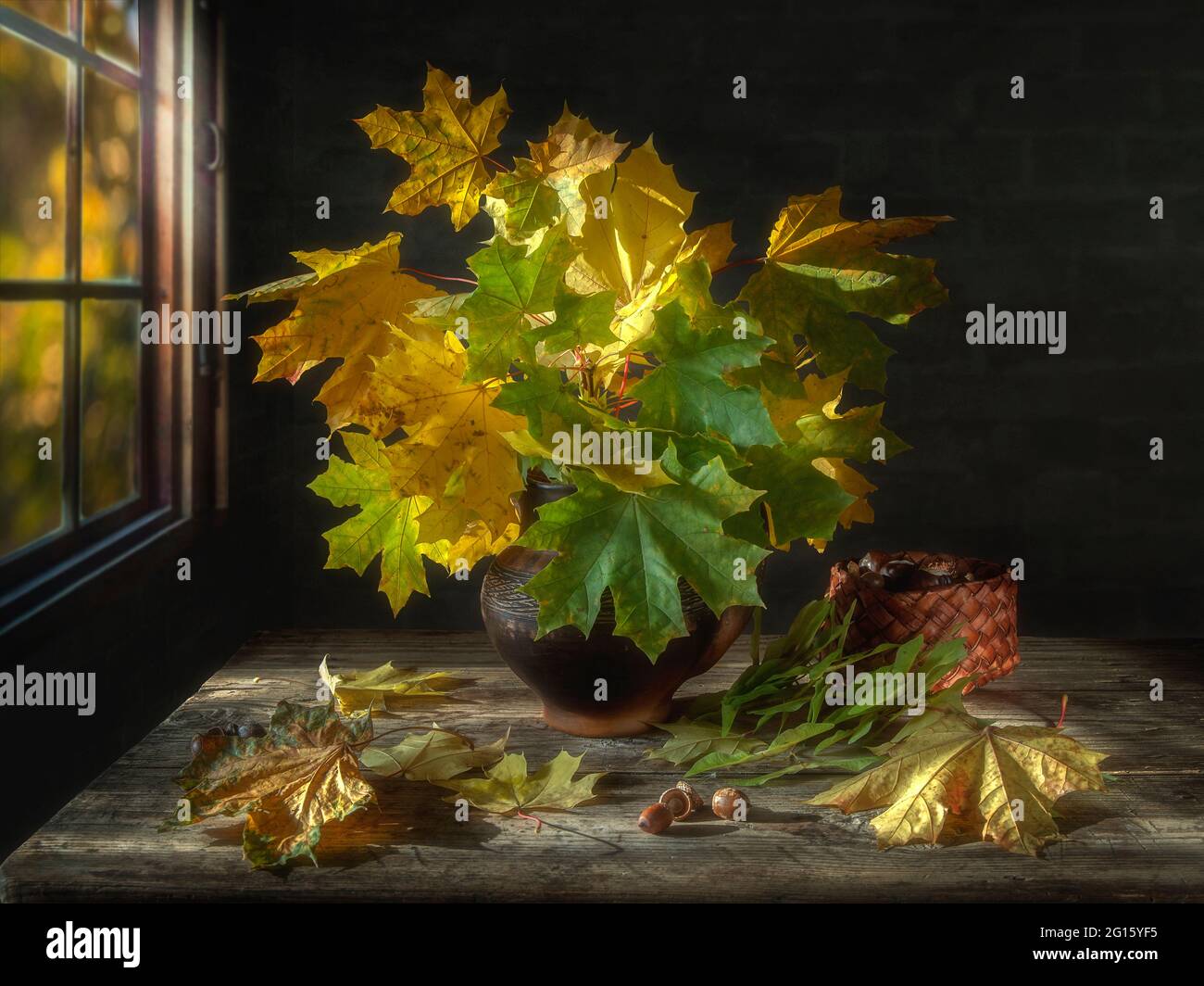 Autumn still life with falling l leaves and rowan Stock Photo - Alamy