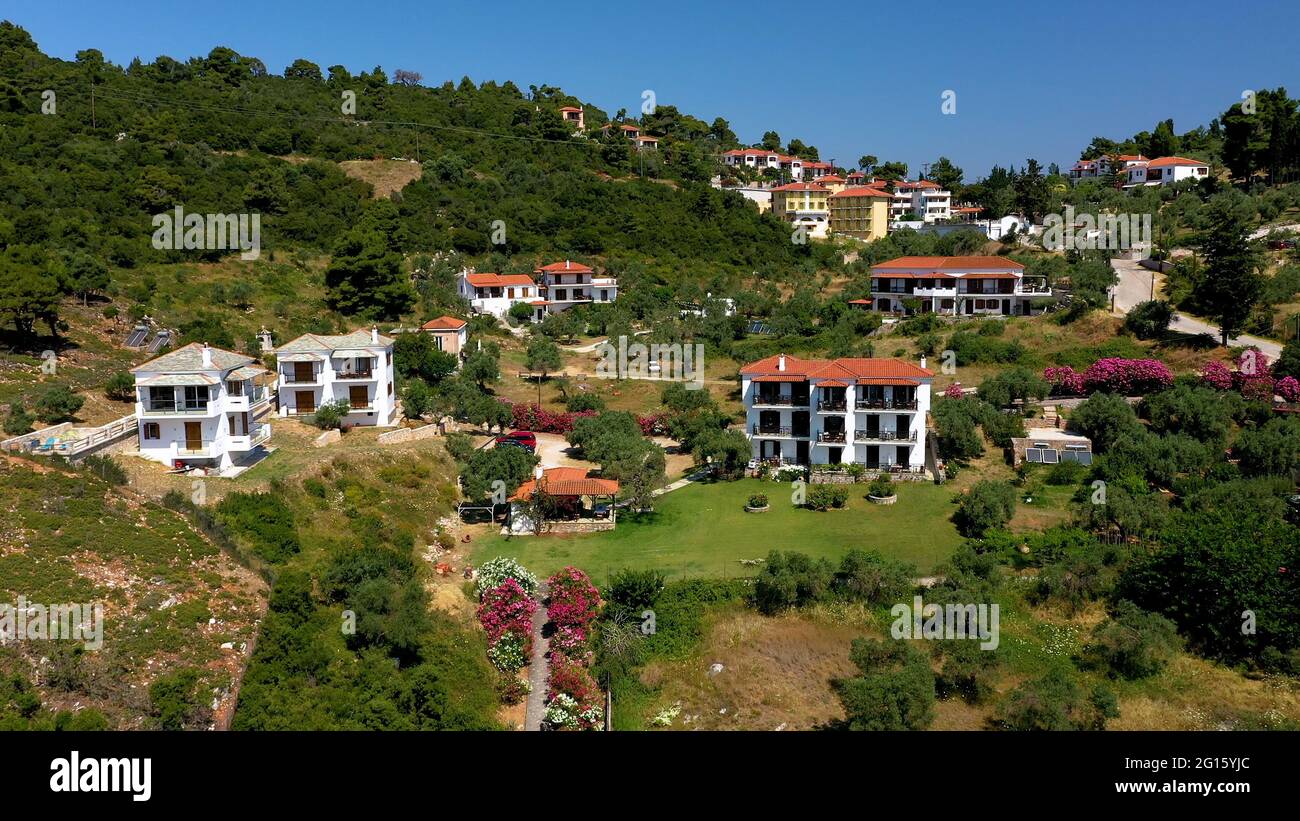 Aerial panoramic view over Stafylos town in the southern part of the ...
