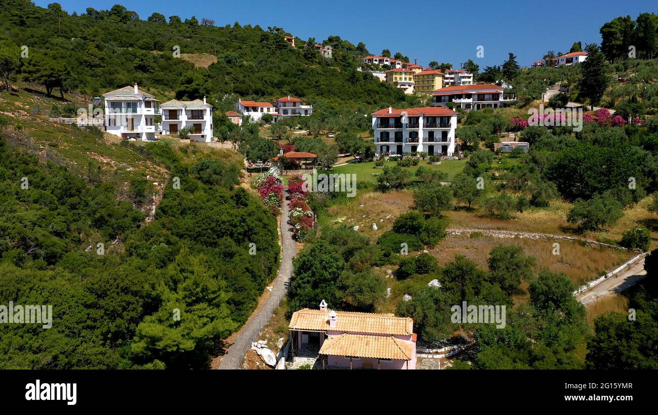 Aerial panoramic view over Stafylos town in the southern part of the ...