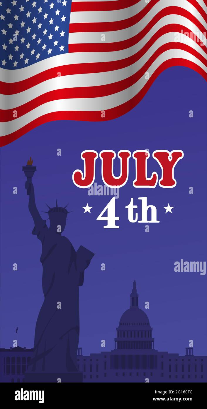 USA Independence Day, Capitol, Statue of Liberty, White House. Vector ...