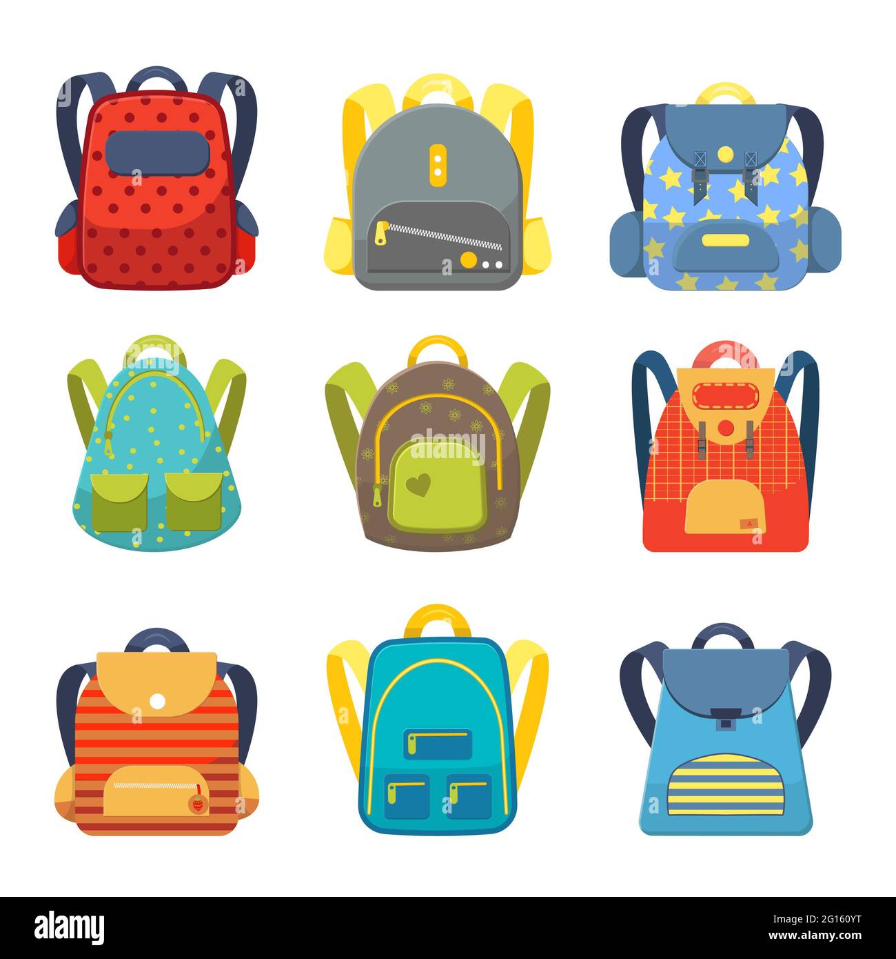 Different schoolbags in flat style isolate on white background Stock ...