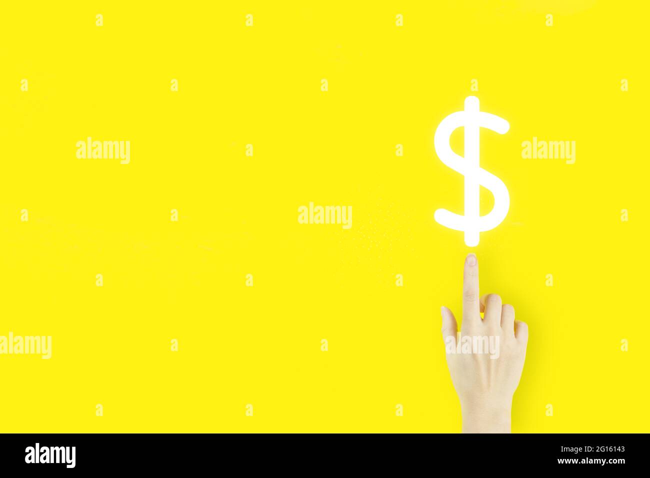 Money making idea. Young woman's hand finger pointing with hologram ...