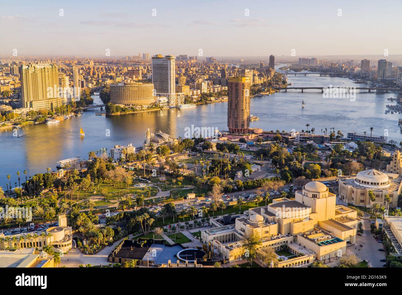 Aerial sunset panorama view of downtown Cairo and the Nile River seen ...