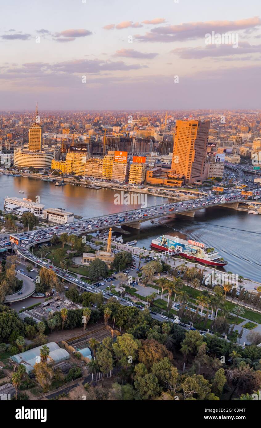 Aerial sunset panorama view of downtown Cairo and the Nile River seen ...