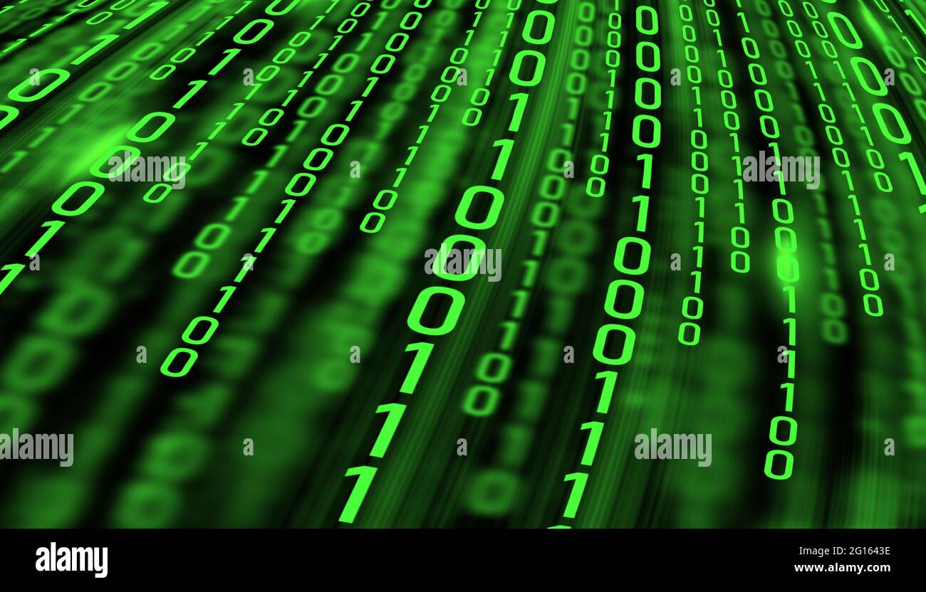 LED light text number one and zero. Binary code on the monitor screen ...