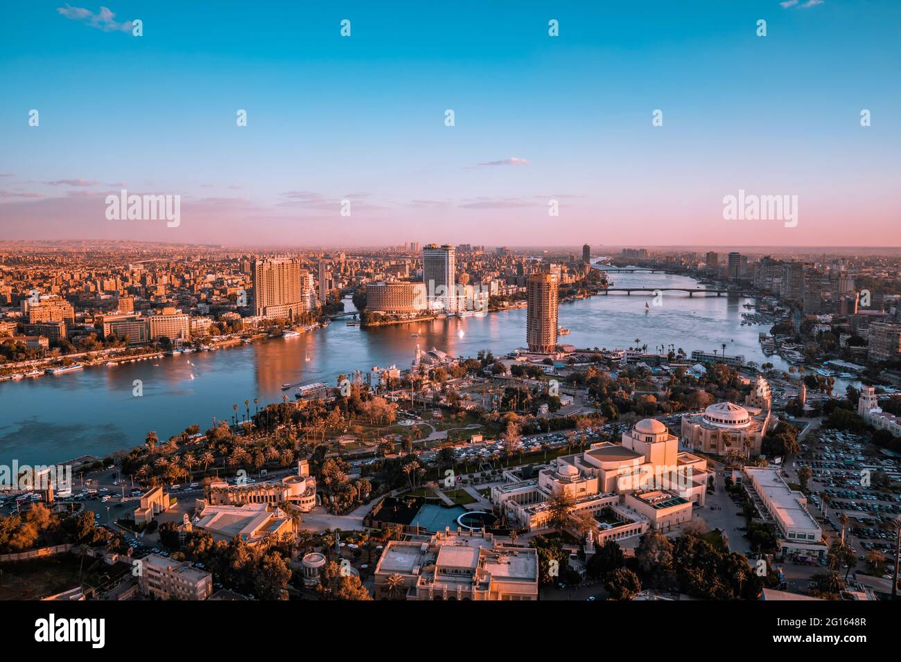 Aerial panorama sunset view of the Nile River and downtown Cairo seen ...