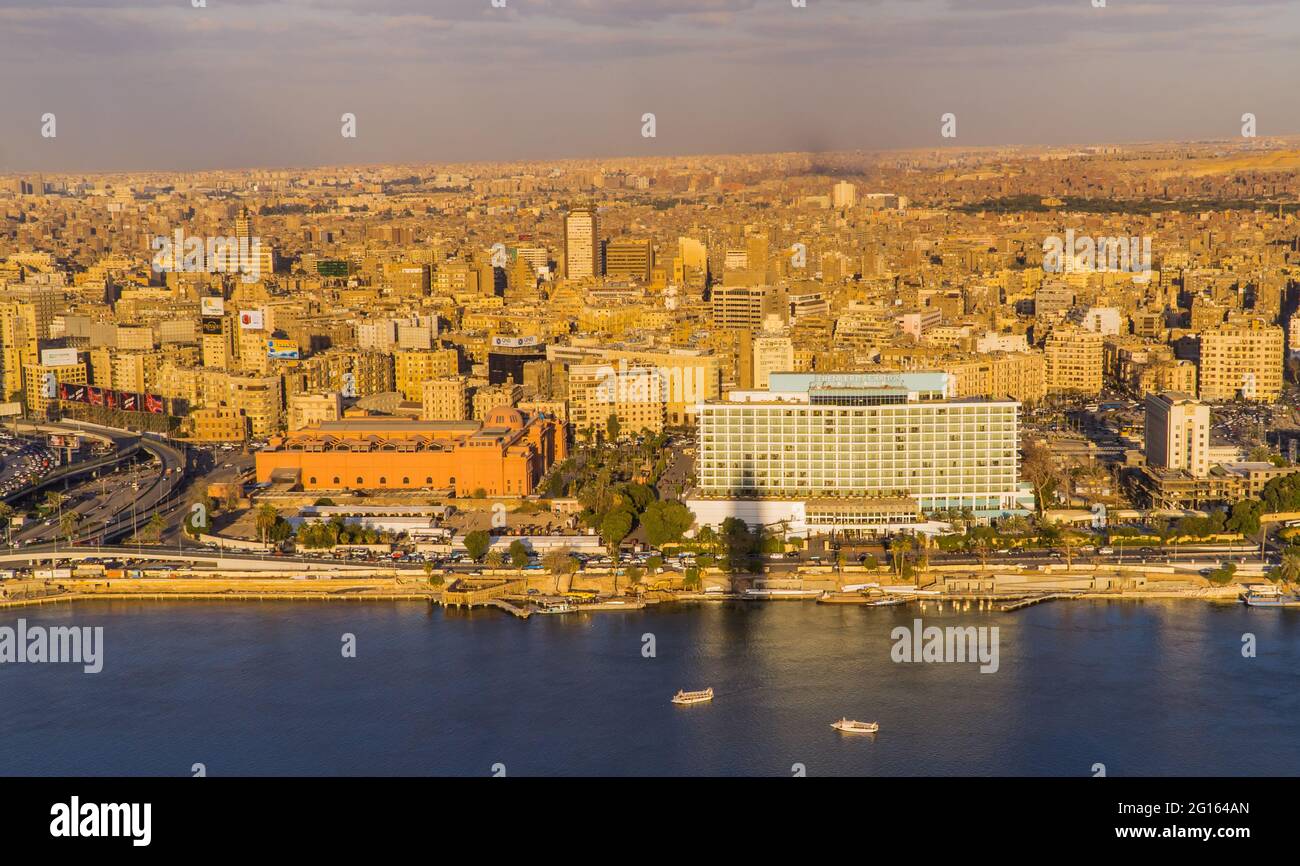 Aerial panorama sunset view of the Nile River and downtown Cairo seen ...