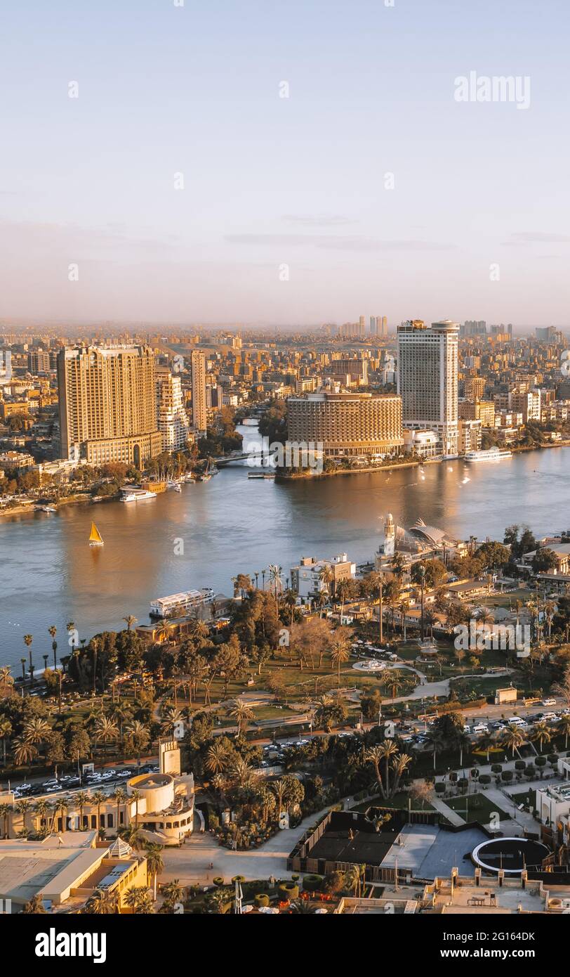 Aerial panorama sunset view of the Nile River and downtown Cairo seen ...