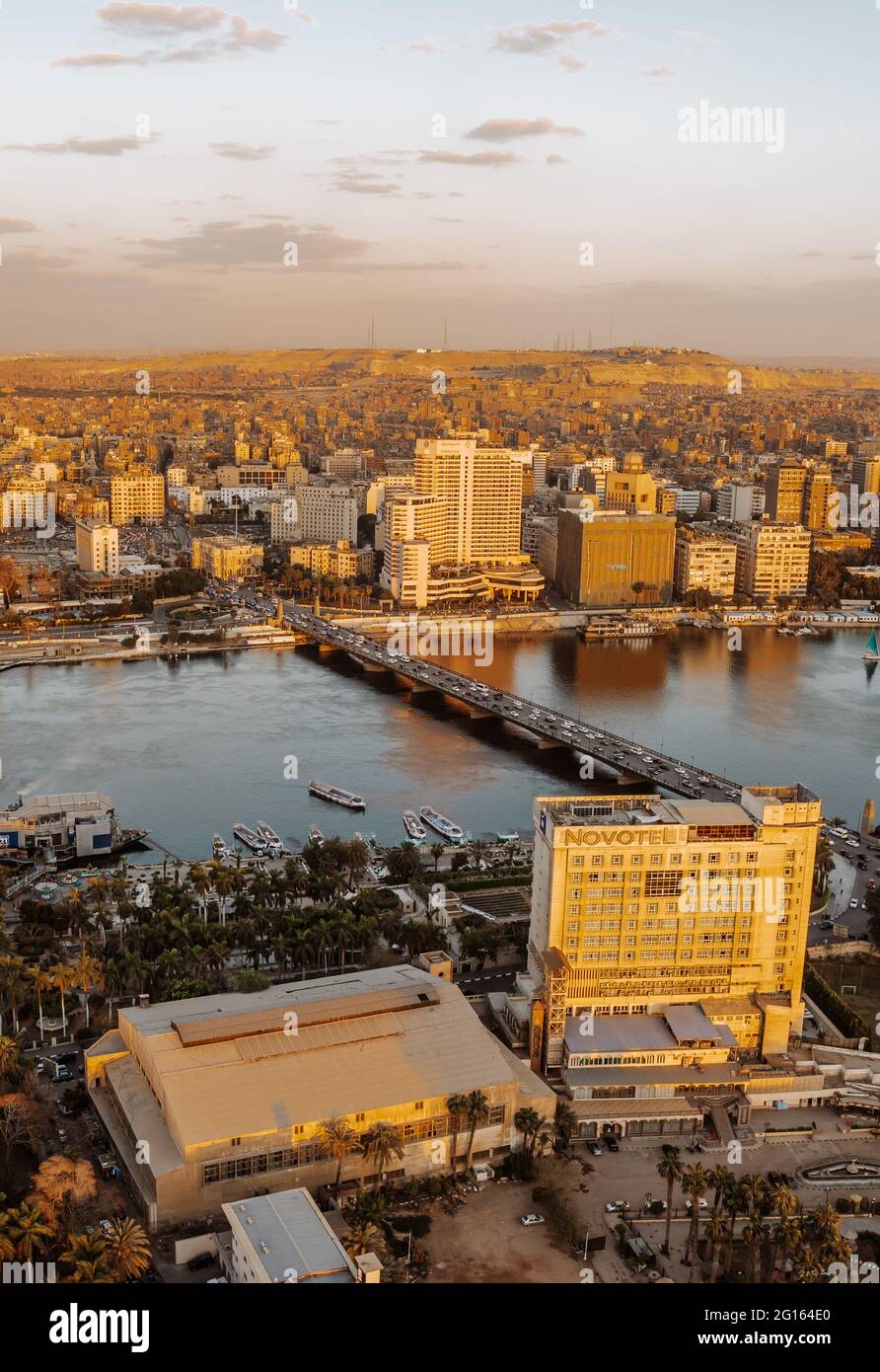 Aerial panorama sunset view of the Nile River and downtown Cairo seen ...