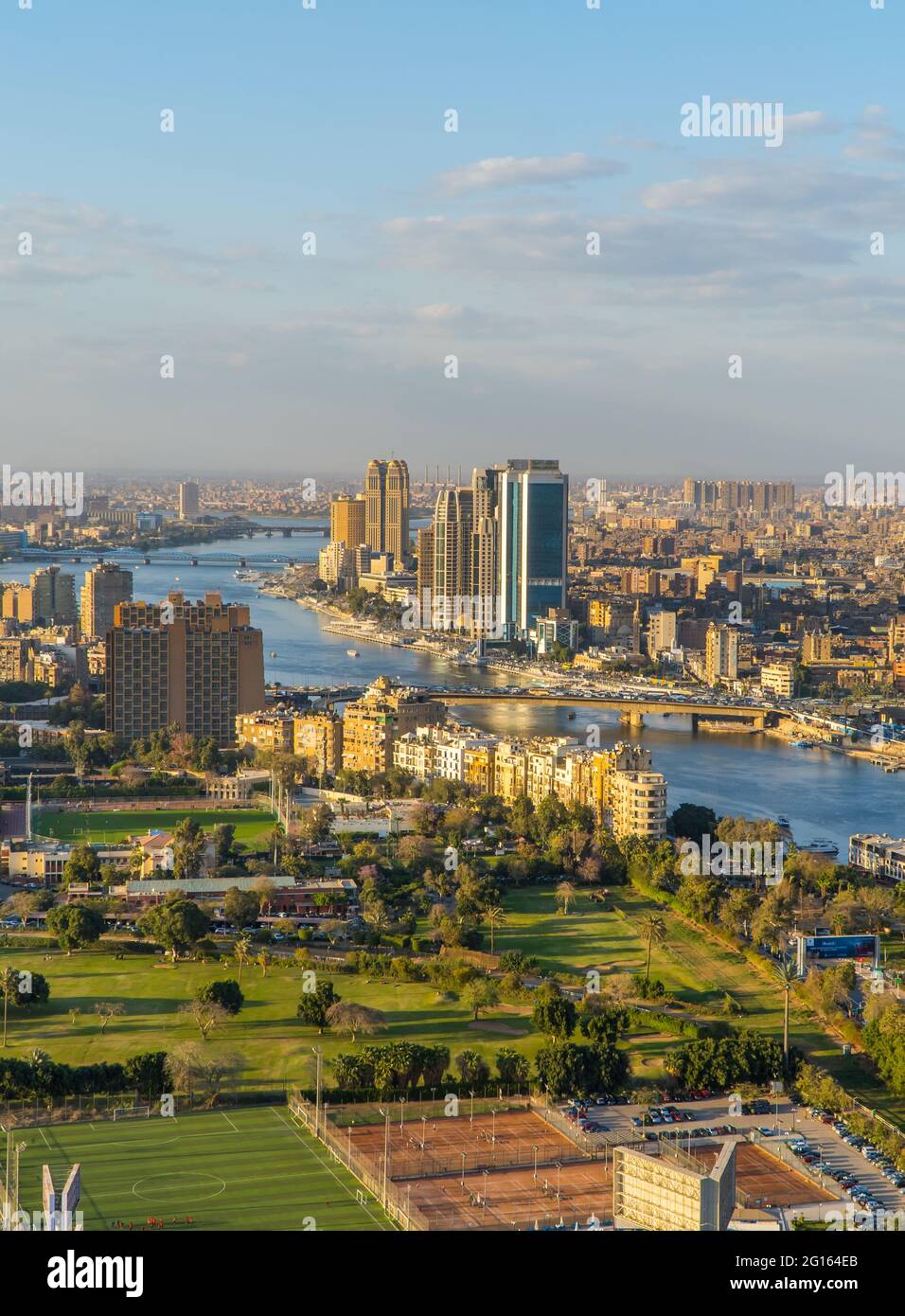 Aerial panorama sunset view of the Nile River and downtown Cairo seen ...