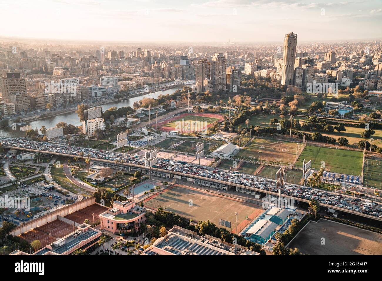 Aerial panorama sunset view of the Nile River and downtown Cairo seen ...